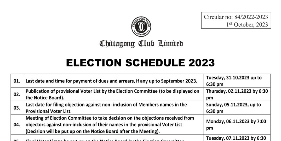 Election Schedule 2023 – Chittagong Club